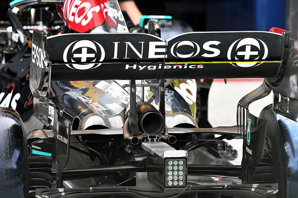 Pictured: The Mercedes F1 rear wing marks behind Red Bull's suspicions